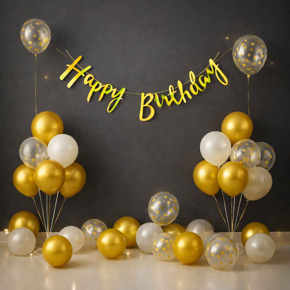 Happy Birthday Decoration Kit With Golden Birthday Banner, Balloons For ...