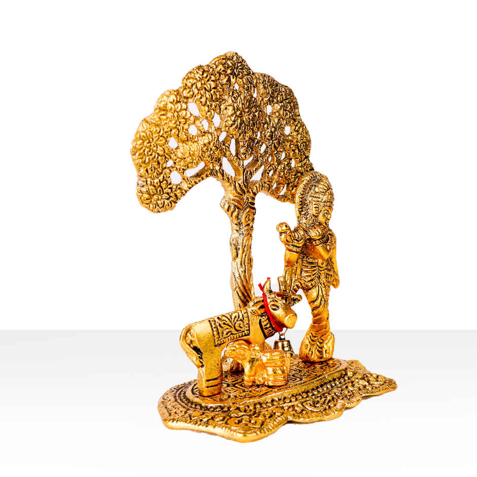 Buy Devnidhii Krishna Ji Idol with Kamdhenu Cow in Gold Polish Online ...