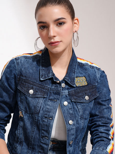 Buy Tokyo Talkies Women's Solid Denim Jacket | Mid Blue - L Online ...