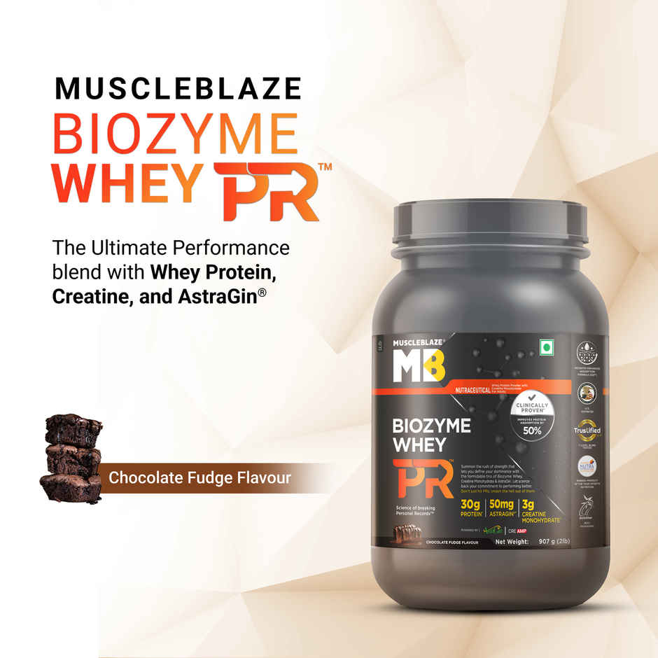 MuscleBlaze Biozyme Whey Protein Powder PR Chocolate Fudge 30 g Protein ...