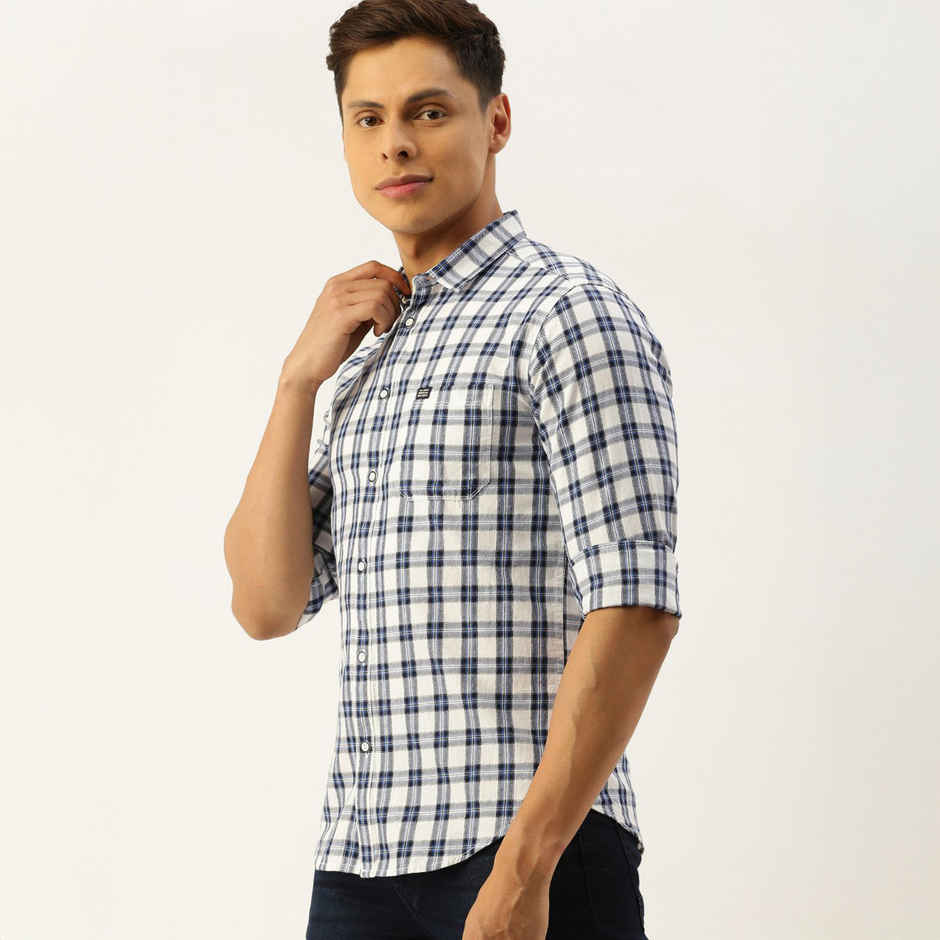 Buy The Indian Garage Co Men's Slim Fit Checkered Casual Shirt | White ...