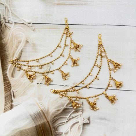 Buy The Opal Factory Golden Three String Small Moti Earring Chain ...