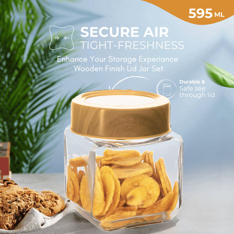 Buy YERA GLASSWARE Premium Woody Airtight Storage Jar Set with Wooden ...