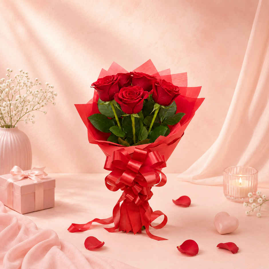 5 Red Rose Bouquet - Buy at ₹229 Online | Instant Delivery - Zepto