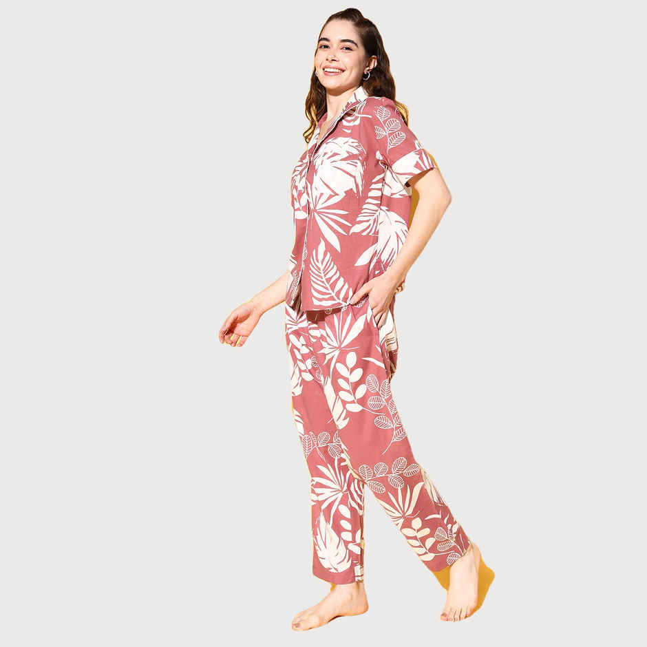 Buy Sanskrutihomes Women Dusty Pink & White Pure Cotton Floral Printed Night Suit SE-NSP-94 | L ...