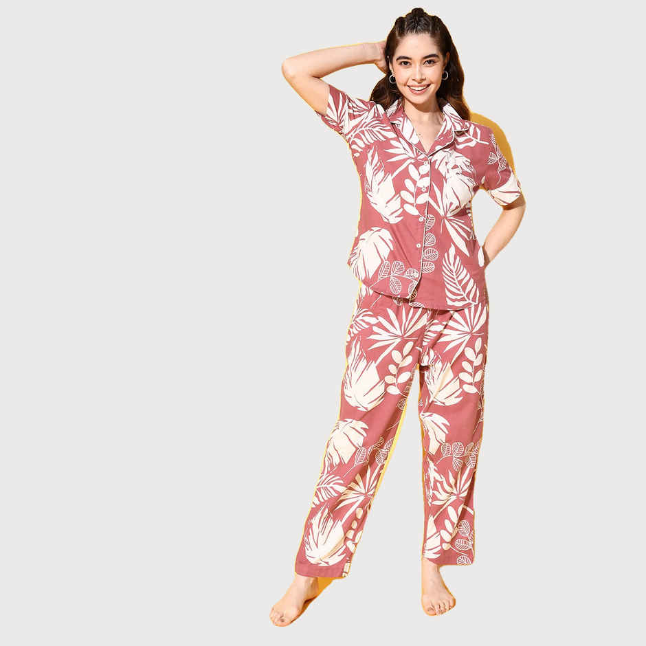 Buy Sanskrutihomes Women Dusty Pink & White Pure Cotton Floral Printed Night Suit SE-NSP-94 | L ...