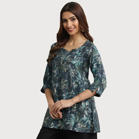 Buy Libas Women's Yoke Design Silk Blend A-line Kurti | Grey - XL ...