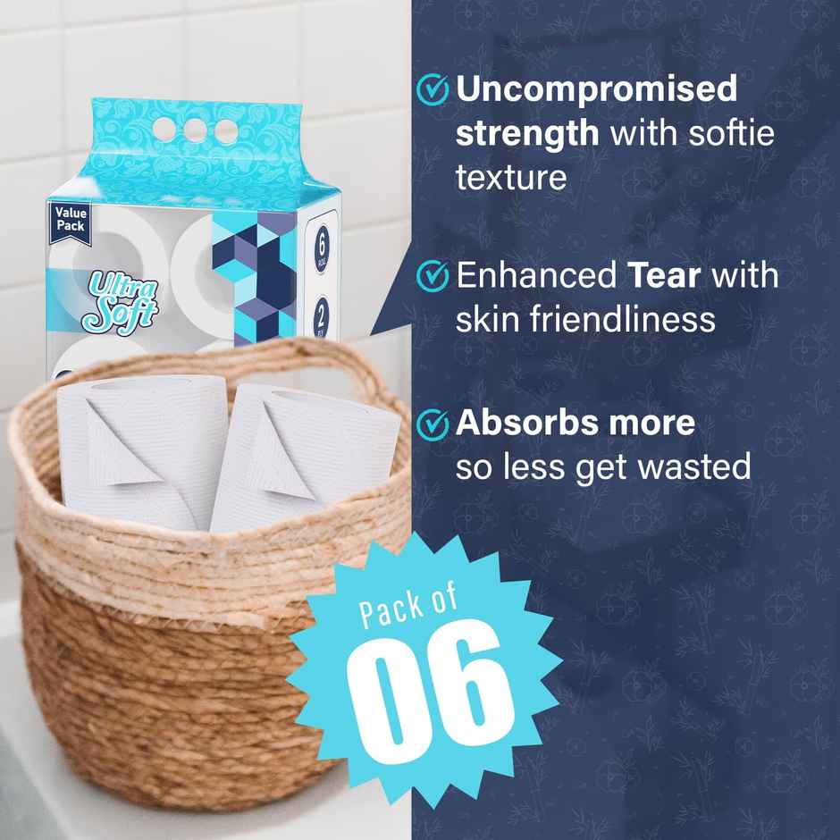 Careswipe 2 Ply Toilet Paper Tissue Roll Family Pack 6 in 1 Soft Strong ...