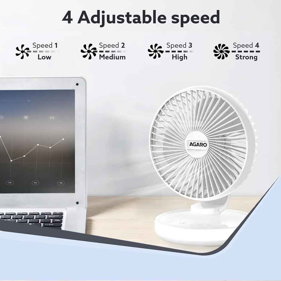Agaro Alpha Mini USB Portable Fan with Light, 4 Inches, 4 Speeds, Wide ...