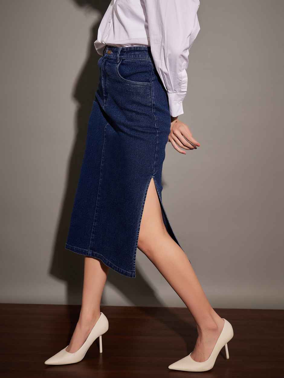 Buy SASSAFRAS Women's Denim Side Slit Midi Skirt | Navy - M Online ...