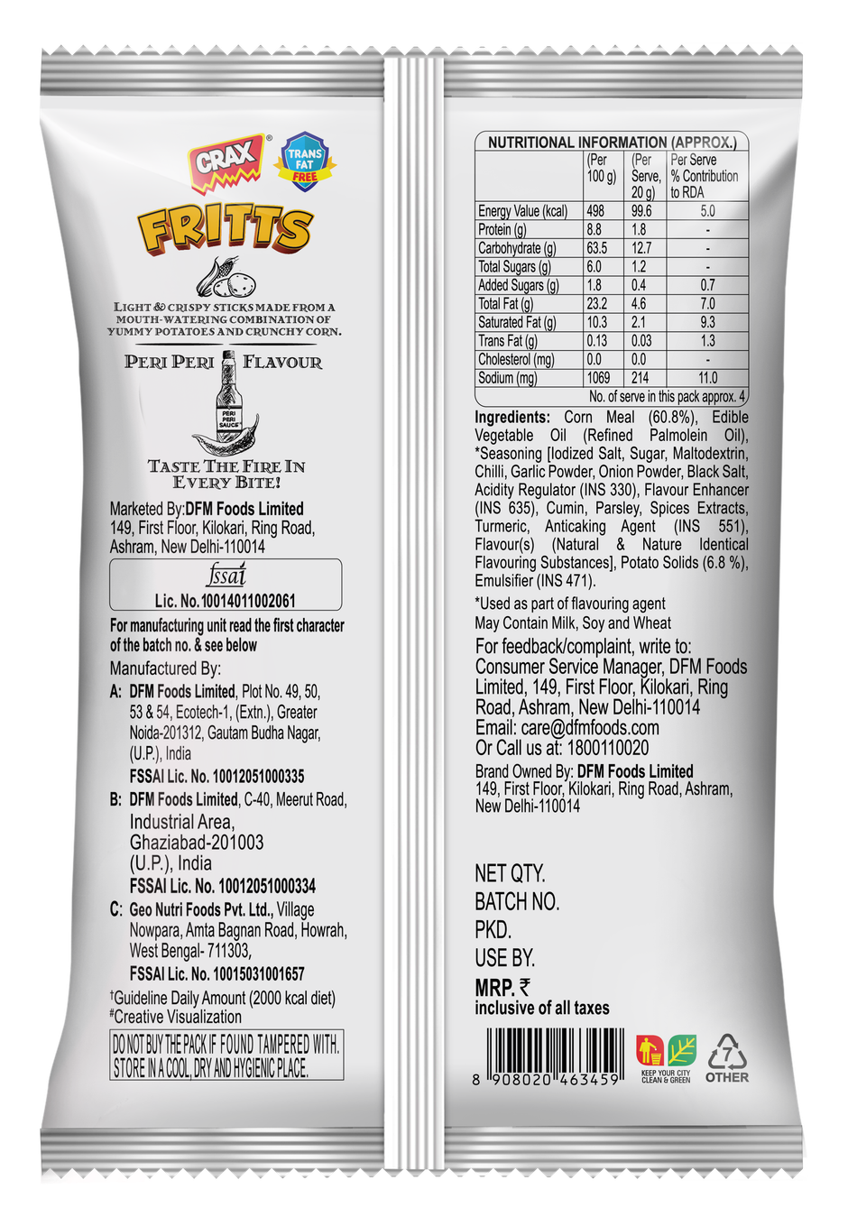 Buy Crax Fritts Peri Peri Corn & Potato Stick Snacks Online - Price ...