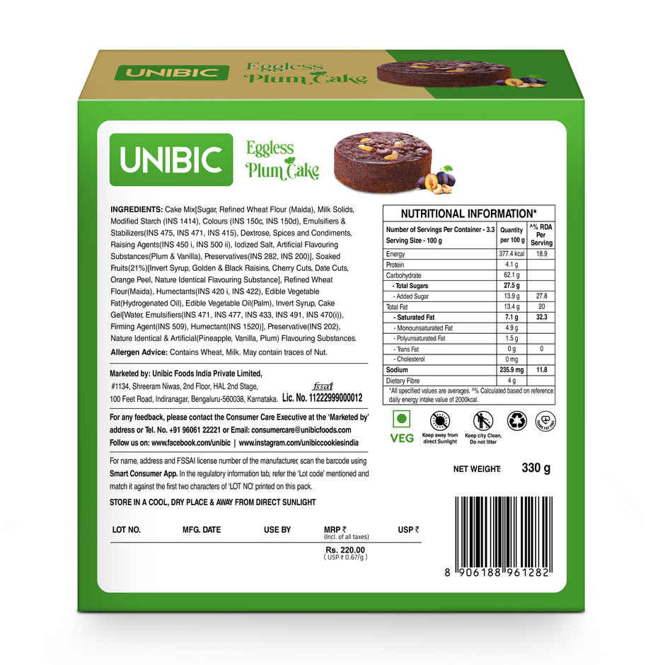 Buy UNIBIC Veg Plum Cake | Eggless Online - Price @ ₹141 | Instant ...