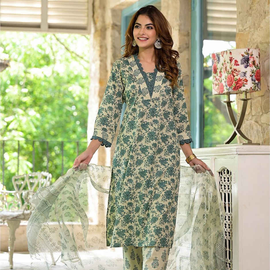 Buy Divena Women s Bottle Green Floral Print Cotton Kurta Set | DK2069 | S Online - Price ...