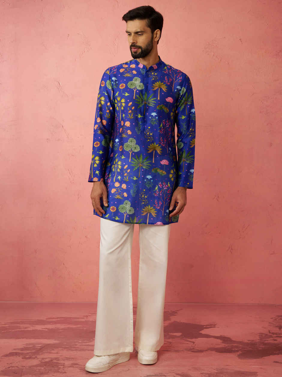 Buy Vastramay Men's Blue Digital Print Kurta with Cream Satin Palazzo ...