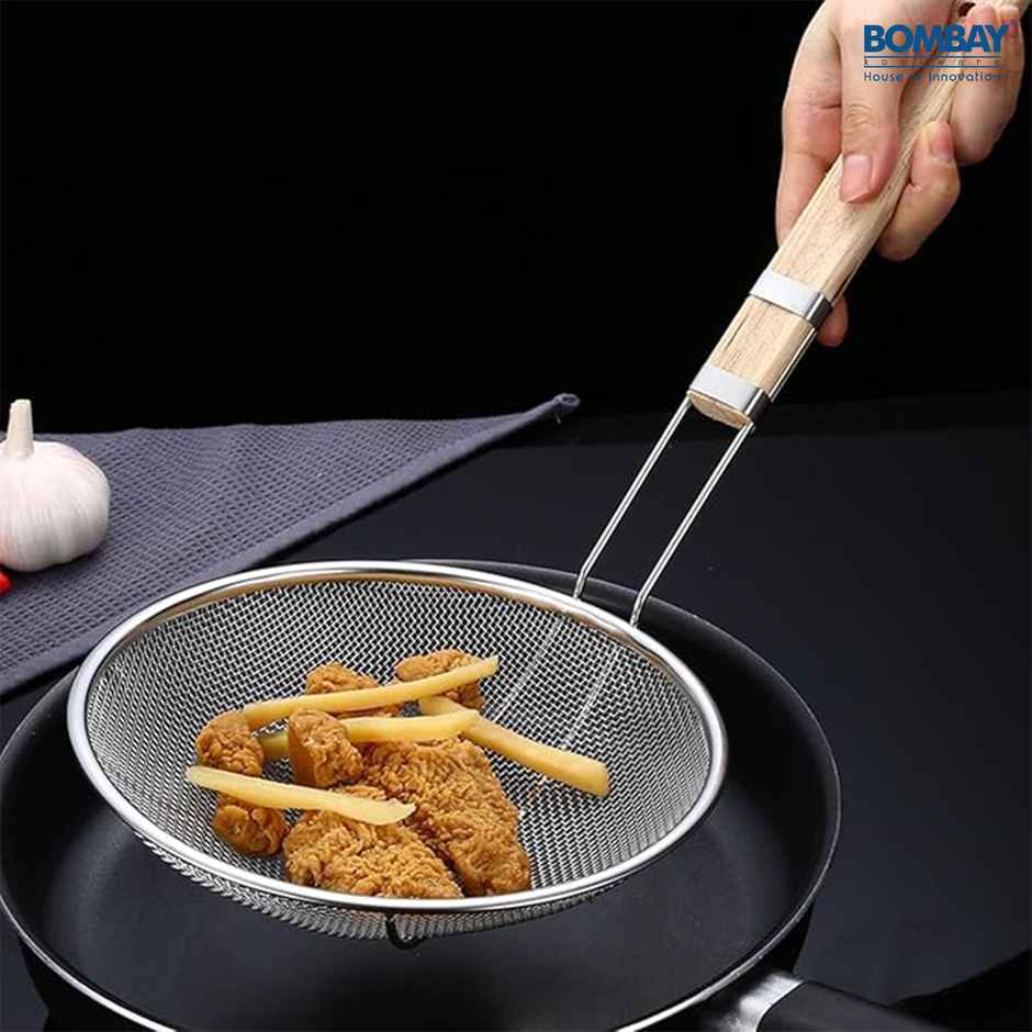 Buy Stainless Steel Deep Fry Net Spoon Oil Strainer with Wooden Handle Jhara for Kitchen Online ...