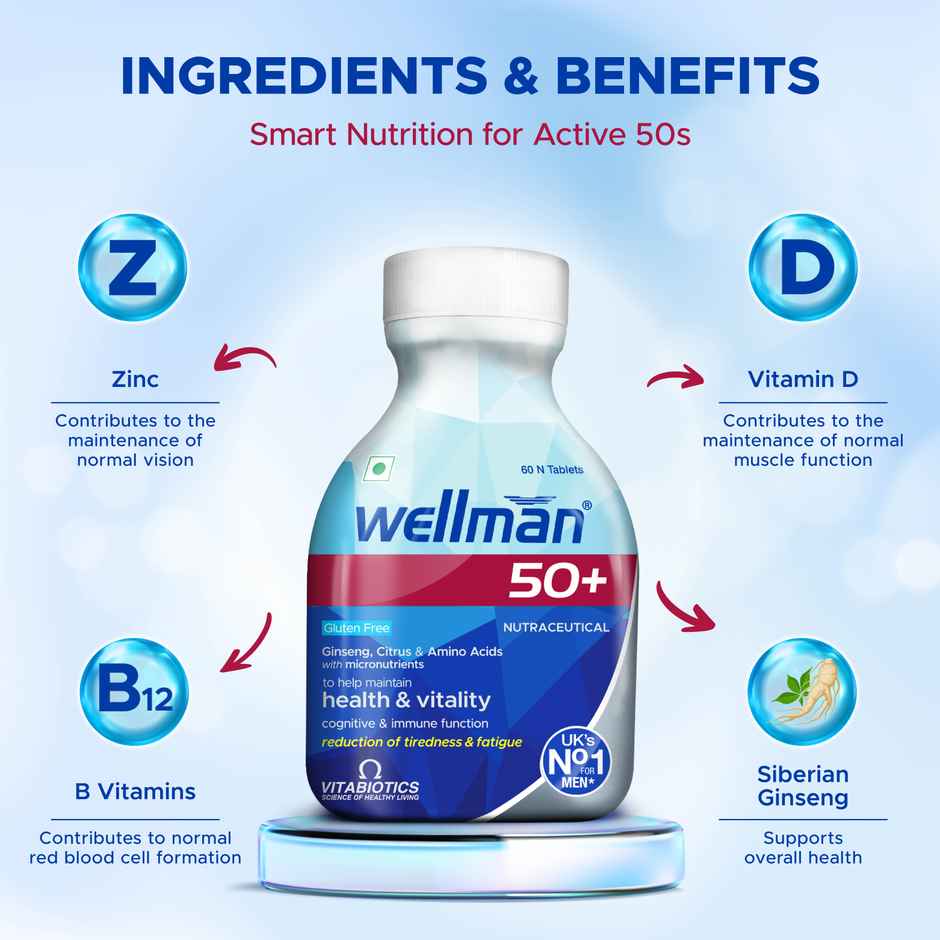Wellman 50 plus Multivitamin Tablets for Men Energy, Heart and Immune ...