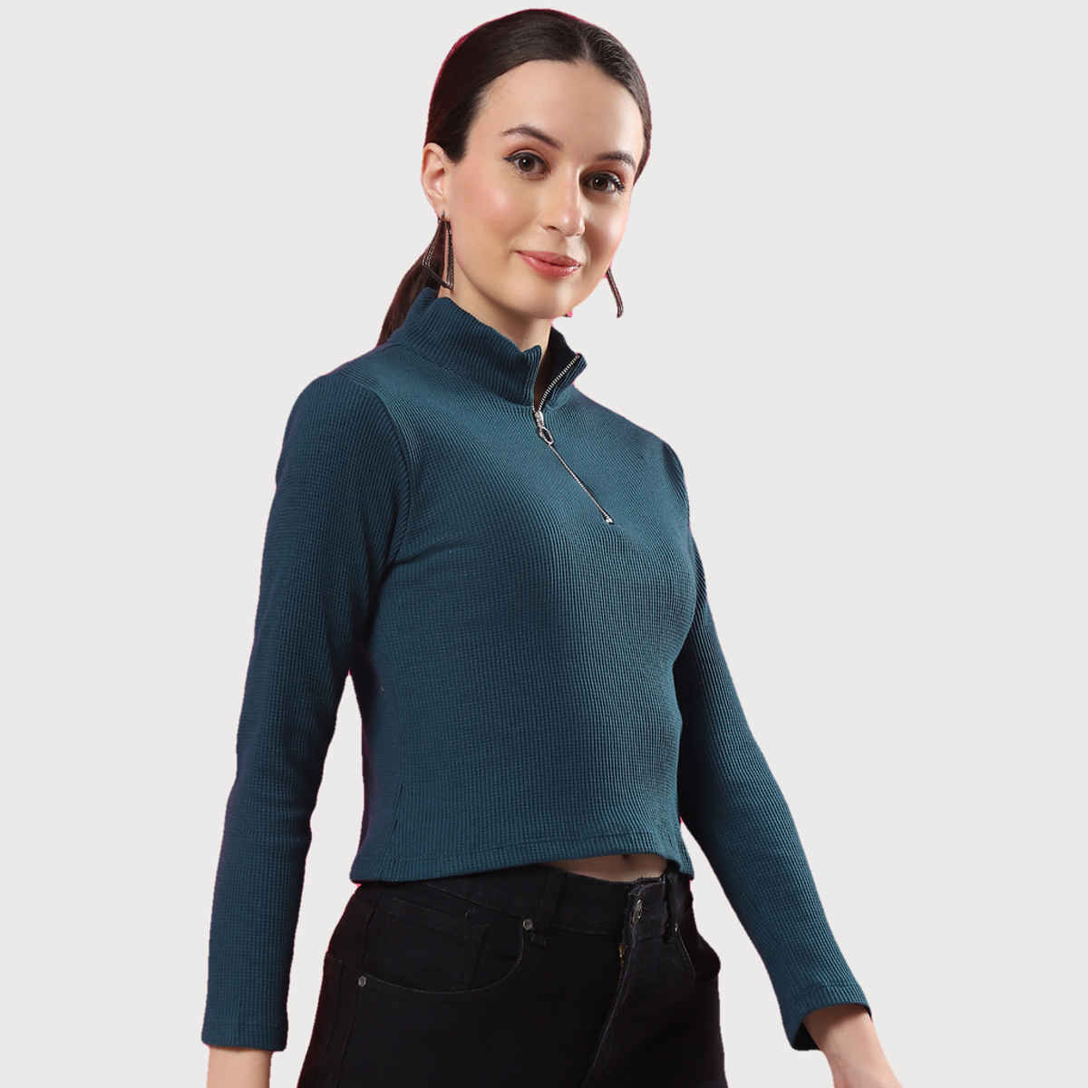 Buy Rigo Women High Collar Half Zipper Top | Teal - S Online - Price ...