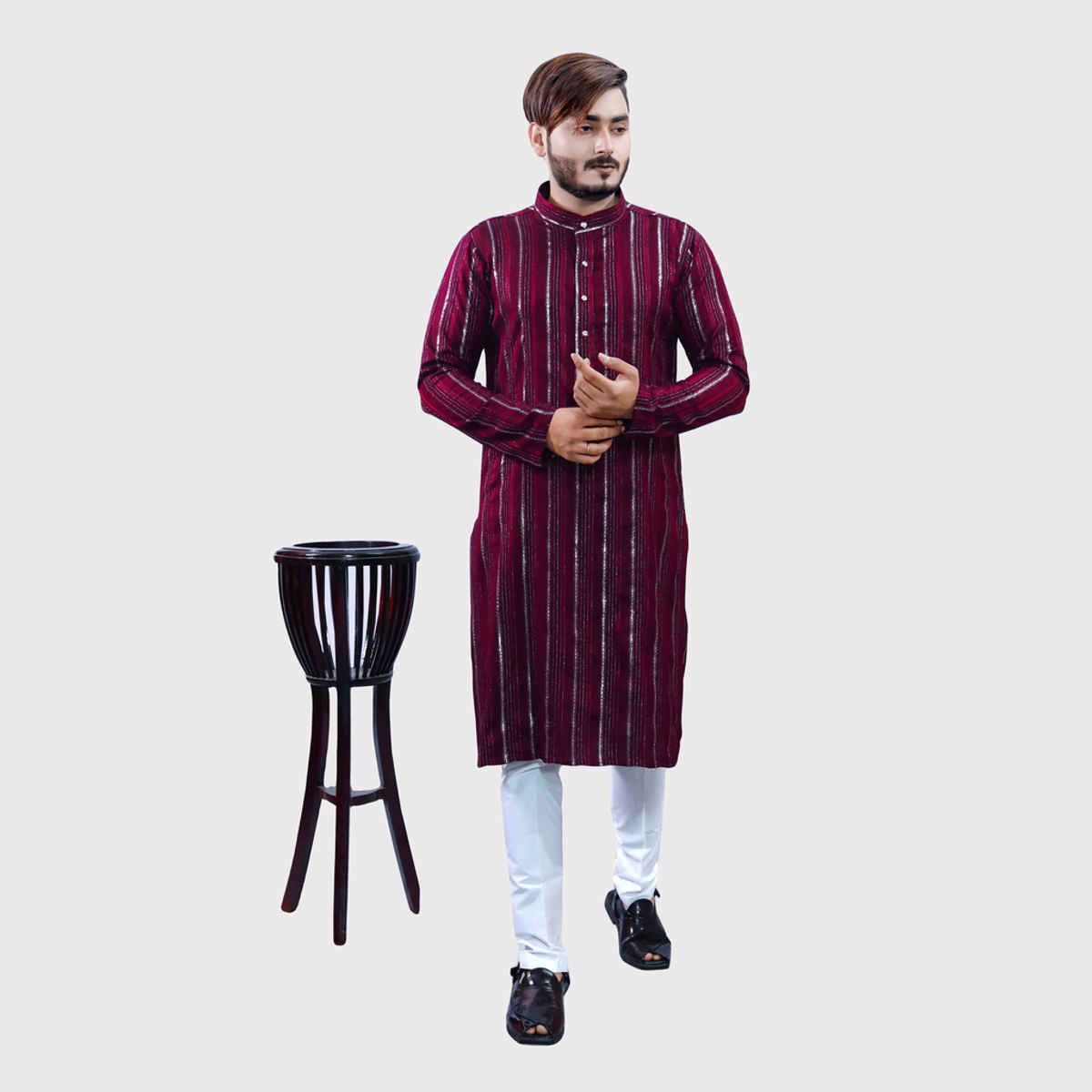 Buy Tibra Collection Men Kurta - Maroon | Solid | Thin Striped | Cotton ...