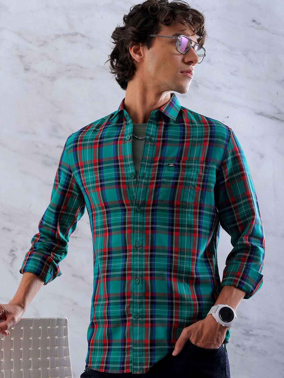 Buy The Indian Garage Co Men's Slim Fit Checked Casual | Green | M ...