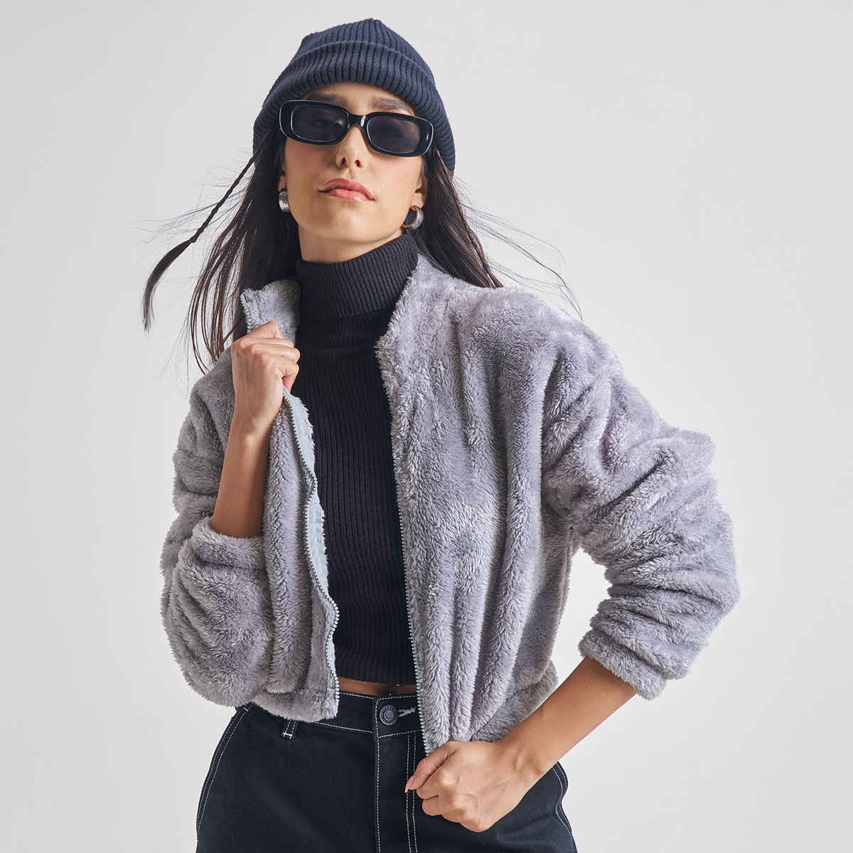 Buy Tokyo Talkies Women's Stand Collar Faux Fur Trim Open Front Crop ...
