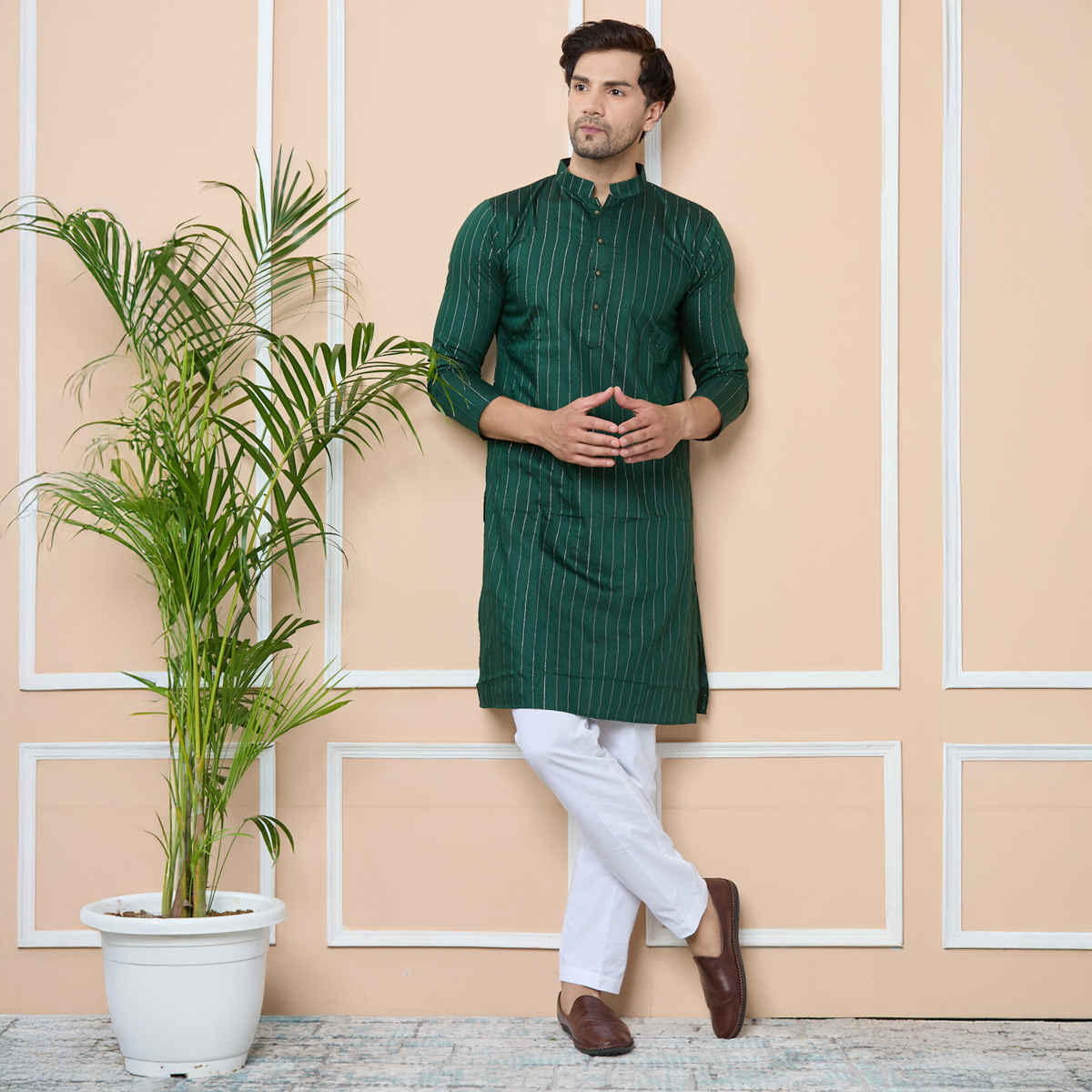 Buy See Designs Men's Thread Work Straight Kurta | Dark Green - XL ...
