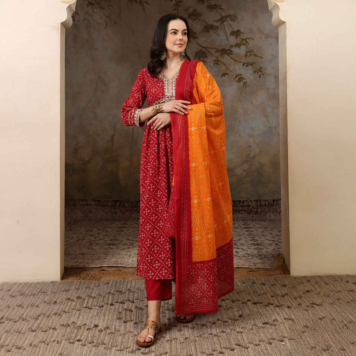 Buy Bandia Women's Bandhej Dori Embroidery Kurta Set with Mul Mul ...
