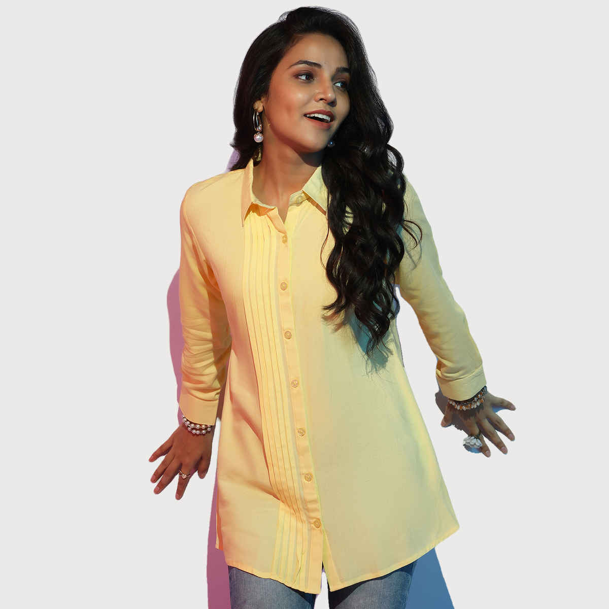 Libas Women's Solid Front Open Pintuck Kurti with Long Button Placket ...