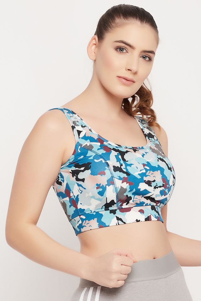 Buy Clovia Medium Impact Padded Camouflage Print Sports Bra | Blue | S ...