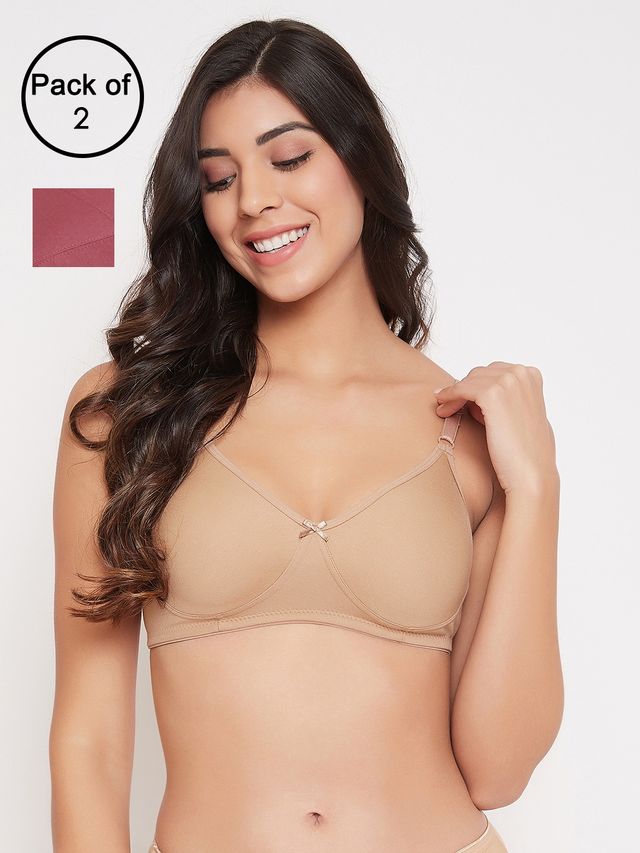 Buy Clovia Cotton Pack Of 2 Non-Padded Non-Wired Full Cup T-Shirt Bra(Beige , Light Pink_32C) at ...