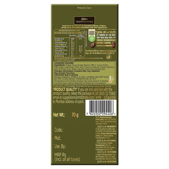 Buy Cadbury Temptations Rum Raisins Premium Chocolate Bar at 117 Instant Online Delivery Zepto