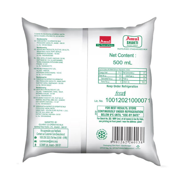 Buy Amul Shakti Fresh Milk (Pouch) 500 ml Combo Online - Price @ ₹64 ...