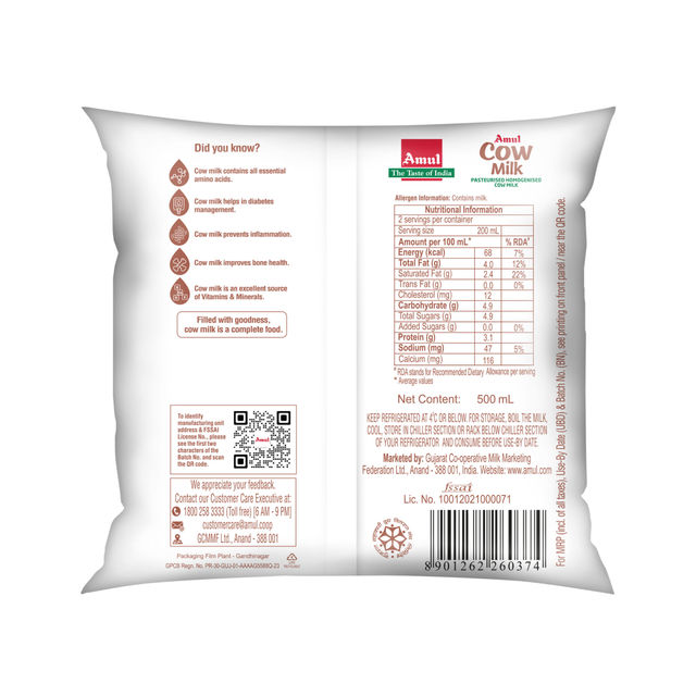 Buy Amul Fresh Cow Milk (Pouch) 500 ml X 3 Combo Online - Price @ ₹90 ...