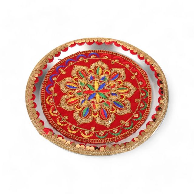Buy Sanskriti Red Transtional Handcrafted Designer Pooja Thali Kalash ...