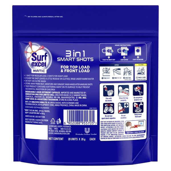 Surf Excel Matic 3 in 1 Detergent Pods 28 Piece - Buy online at ₹492 ...