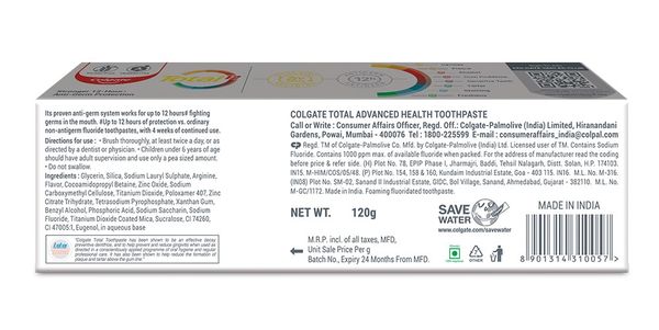 Colgate Total Advanced Health Antibacterial Toothpaste, Stronger 12 ...