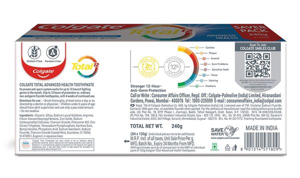 Colgate Total Advanced Health Antibacterial Toothpaste, Stronger 12 ...