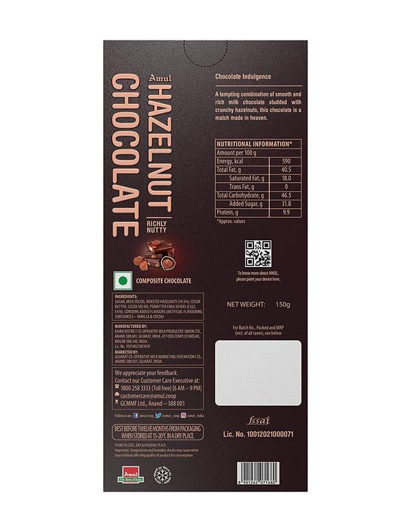 Amul Hazelnut Chocolate Bar 150 g - Buy online at ₹238 near me