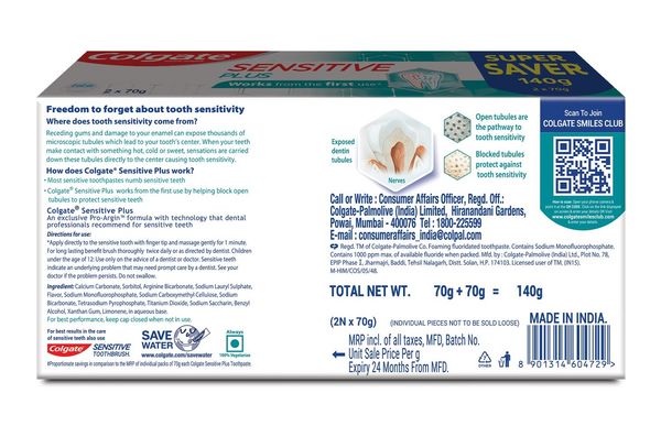 Colgate Sensitive Plus Toothpaste With Pro Argin Formula for ...