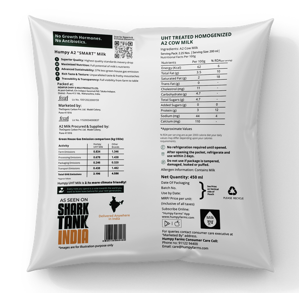 Humpy Farms A2 UHT Cow Milk (Pouch) 450 ml - Buy online at ₹55 near me