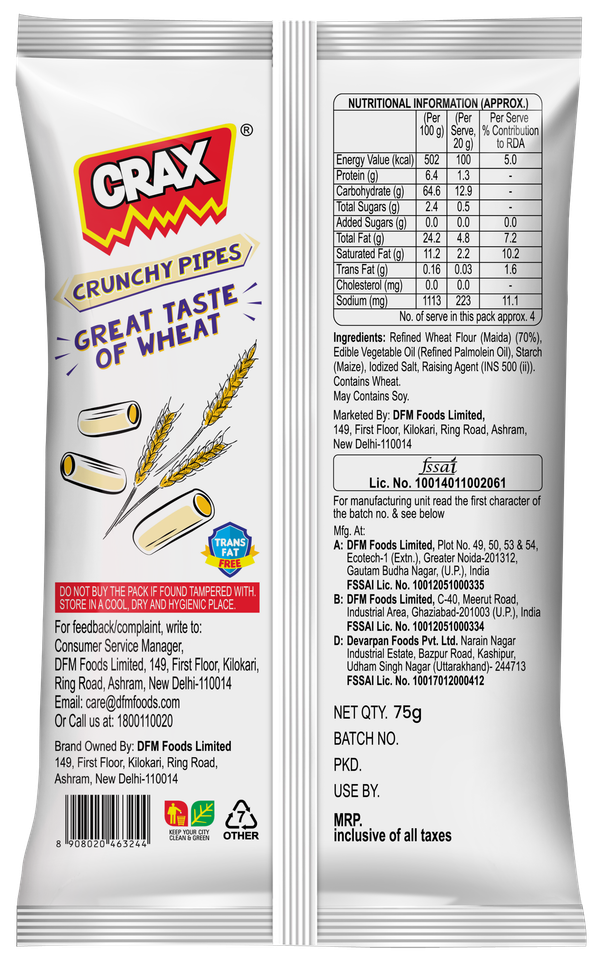Crax Crunchy Pipes Puffs 75 g - Buy online at ₹10 near me