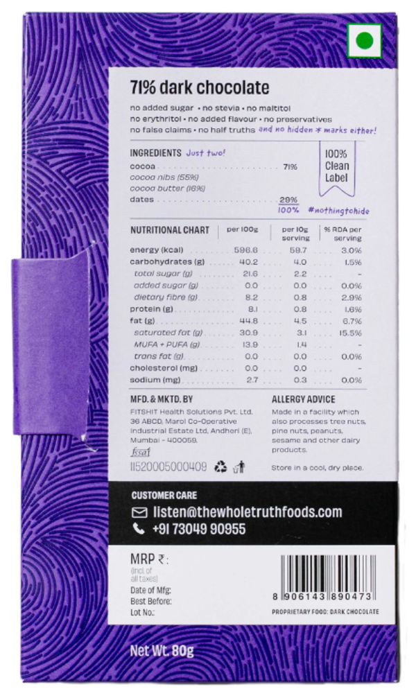 The Whole Truth 71% Dark Chocolate 80 g - Buy online at ₹349 near me