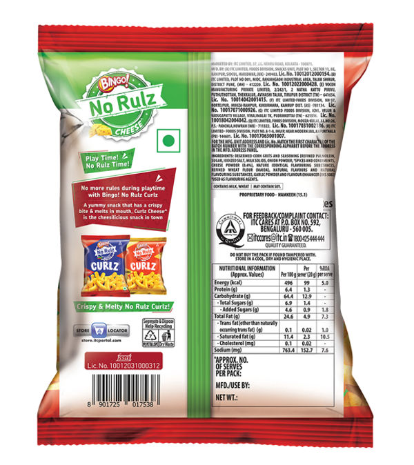 Bingo! No Rulz Cheese Curlz 80 g - Buy online at ₹40 near me