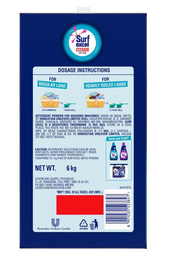Surf Excel Matic Top Load Detergent Powder 6 kg - Buy online at ₹1275 ...