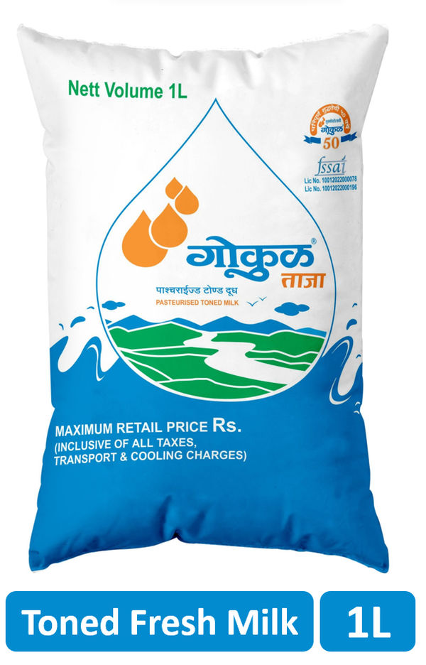 Gokul Taaza Toned Fresh Milk (Pouch) 1 l - Buy online at ₹54 near me