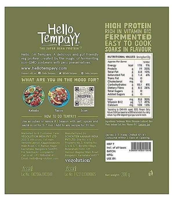 Hello Tempayy Natural Tempeh Cubes Protein & Fibre Rich 200 g - Buy ...