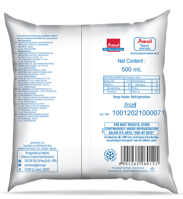 Amul Taaza Toned Fresh Milk (Pouch) 500 ml - Buy online at ₹27 near me