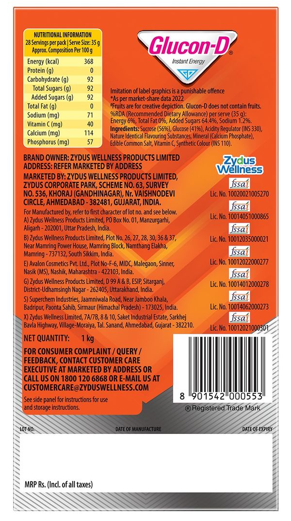 Glucon-D Tangy Orange Glucose Powder Refill - 1 Kg 1 kg - Buy online at ...