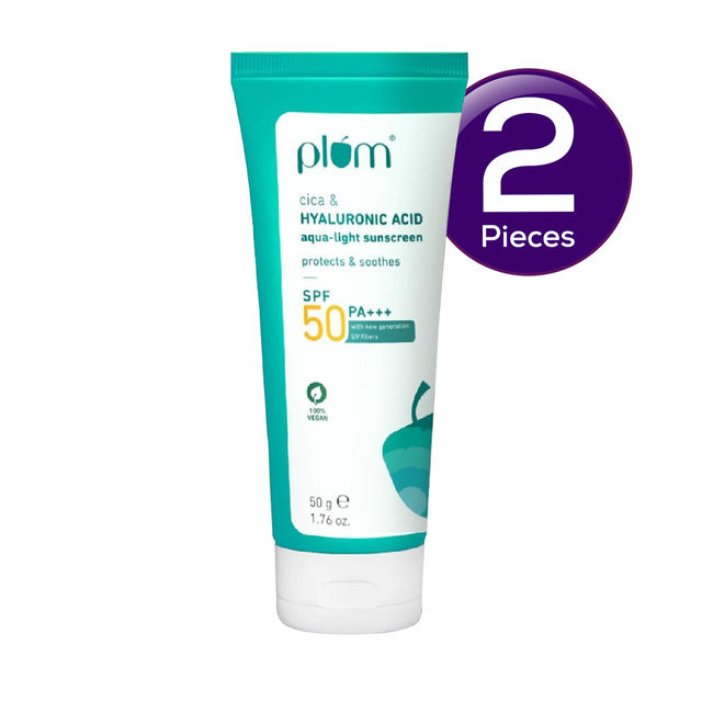 Plum Cica & Hyaluronic Acid Aqua-Light Sunscreen Spf 50 Pa+++ 50 gms Combo 50gms X 2 - Buy ...